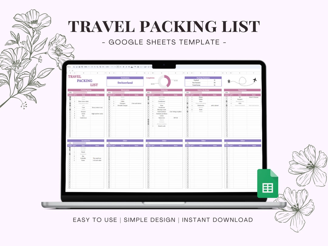 Travel Packing List Template for Google Sheets Digital - Etsy
