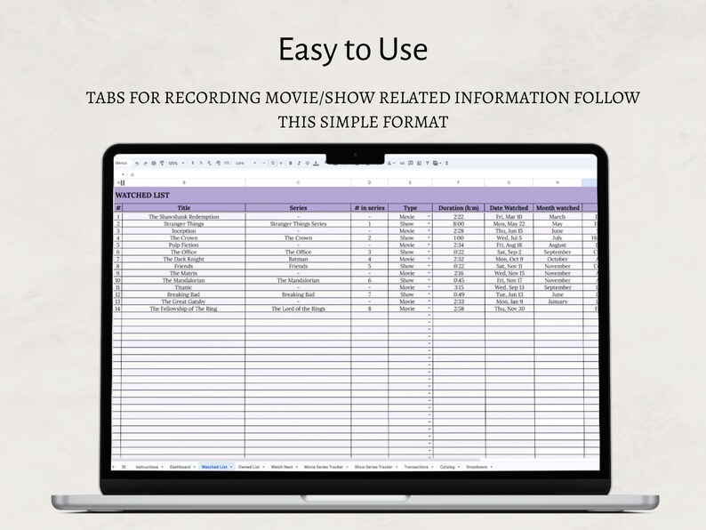 Movie & Show Tracking Spreadsheet Template for Google Sheets, TV Show ...