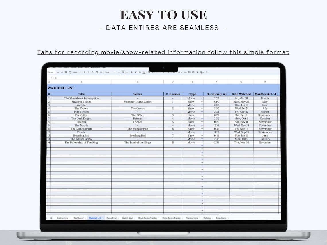 Movie and TV Show Tracker Spreadsheet Template for Google Sheets ...