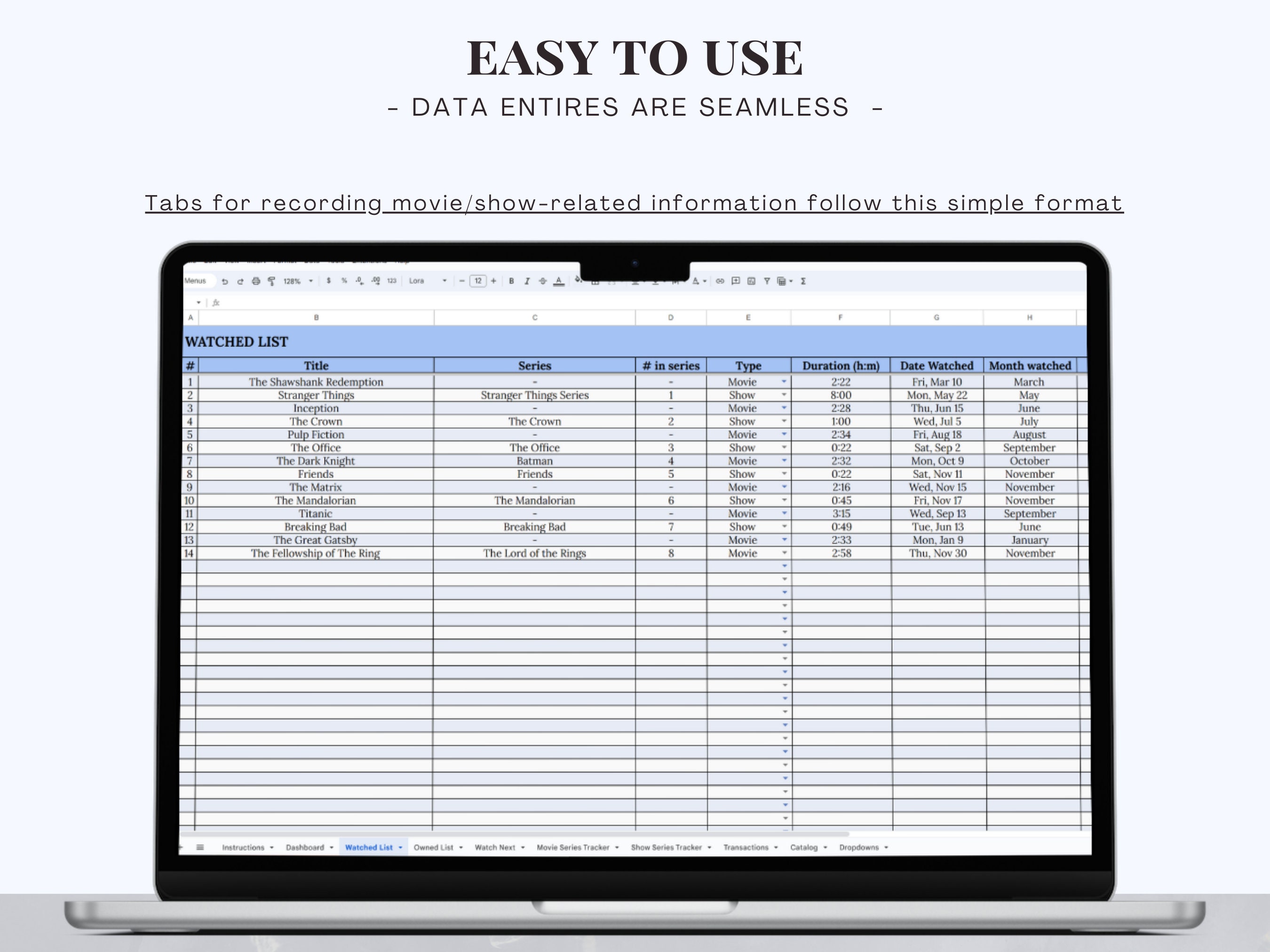 Movie and TV Show Tracker Spreadsheet Template for Google Sheets ...