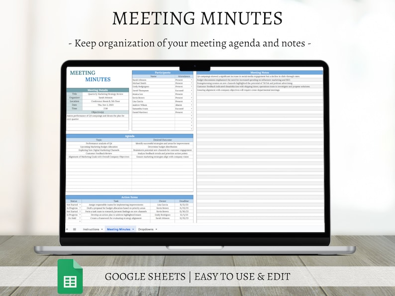 Meeting Agenda & Notes Google Sheets Spreadsheet Template, Meeting ...