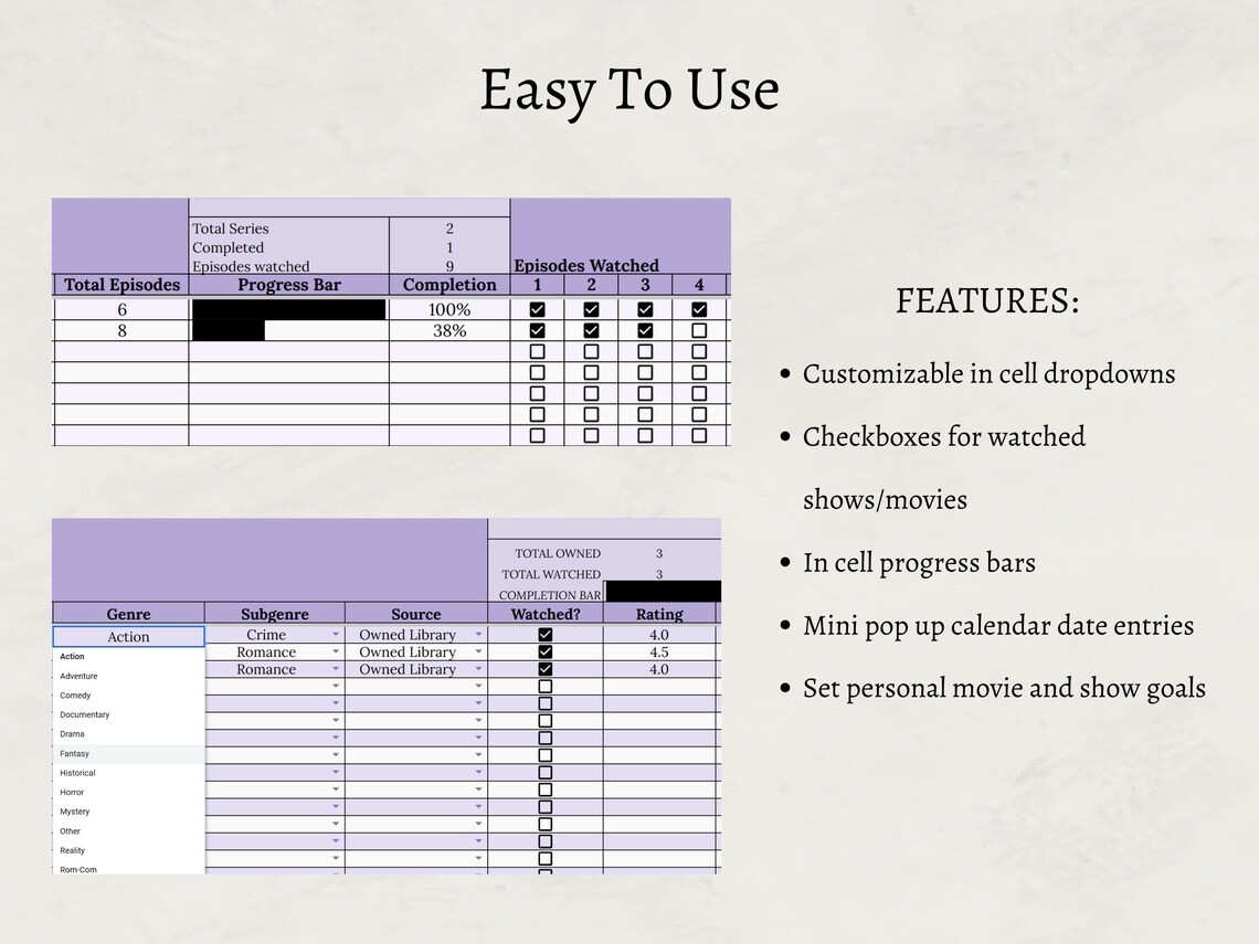 Movie & Show Tracking Spreadsheet Template for Google Sheets, TV Show ...