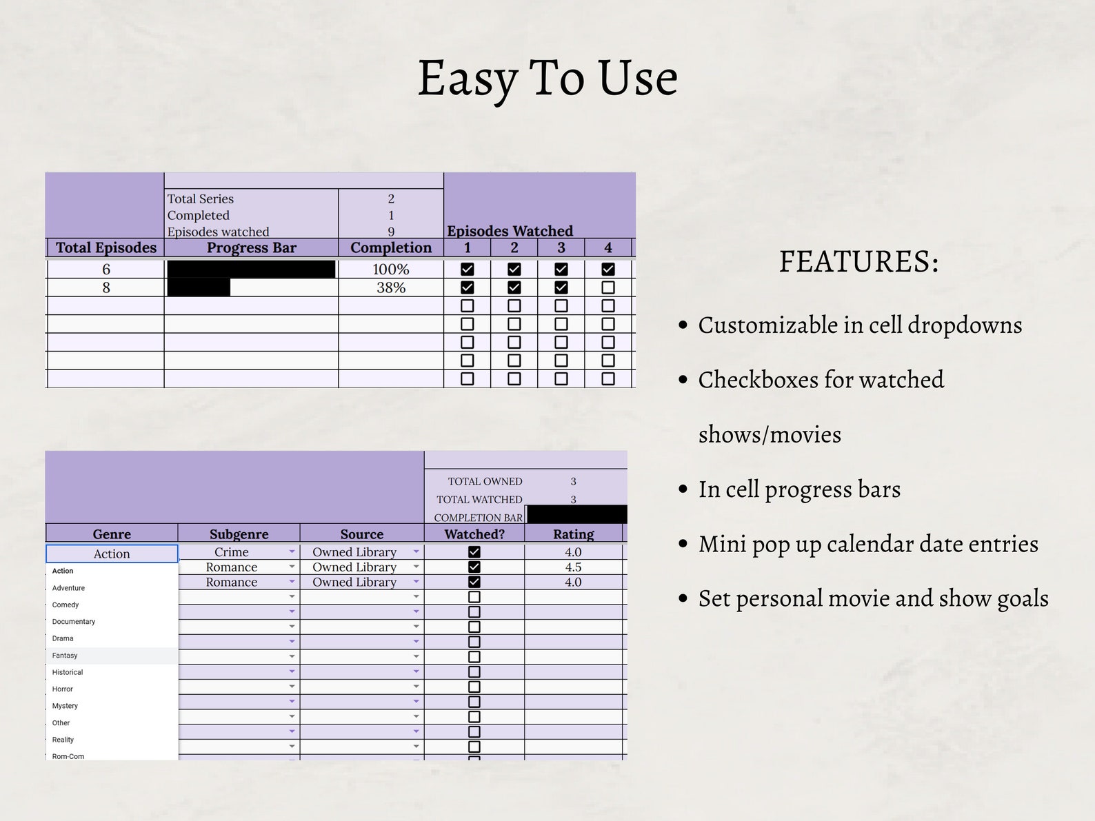 Movie & Show Tracking Spreadsheet Template for Google Sheets, TV Show ...