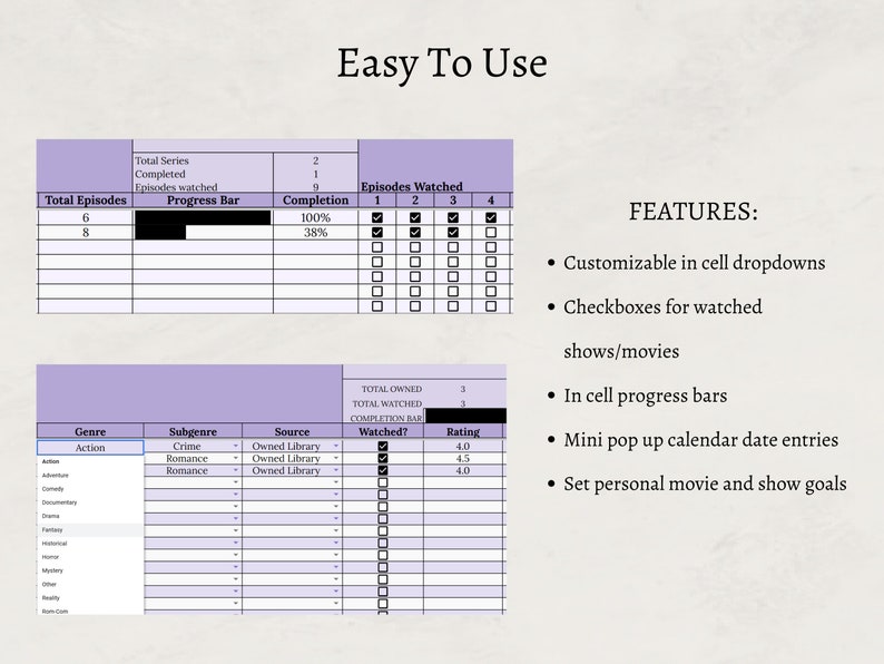 Movie & Show Tracking Spreadsheet Template for Google Sheets, TV Show ...