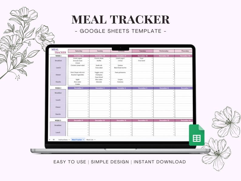 Meal Tracker Spreadsheet Template for Google Sheets, Daily Meal Planner ...