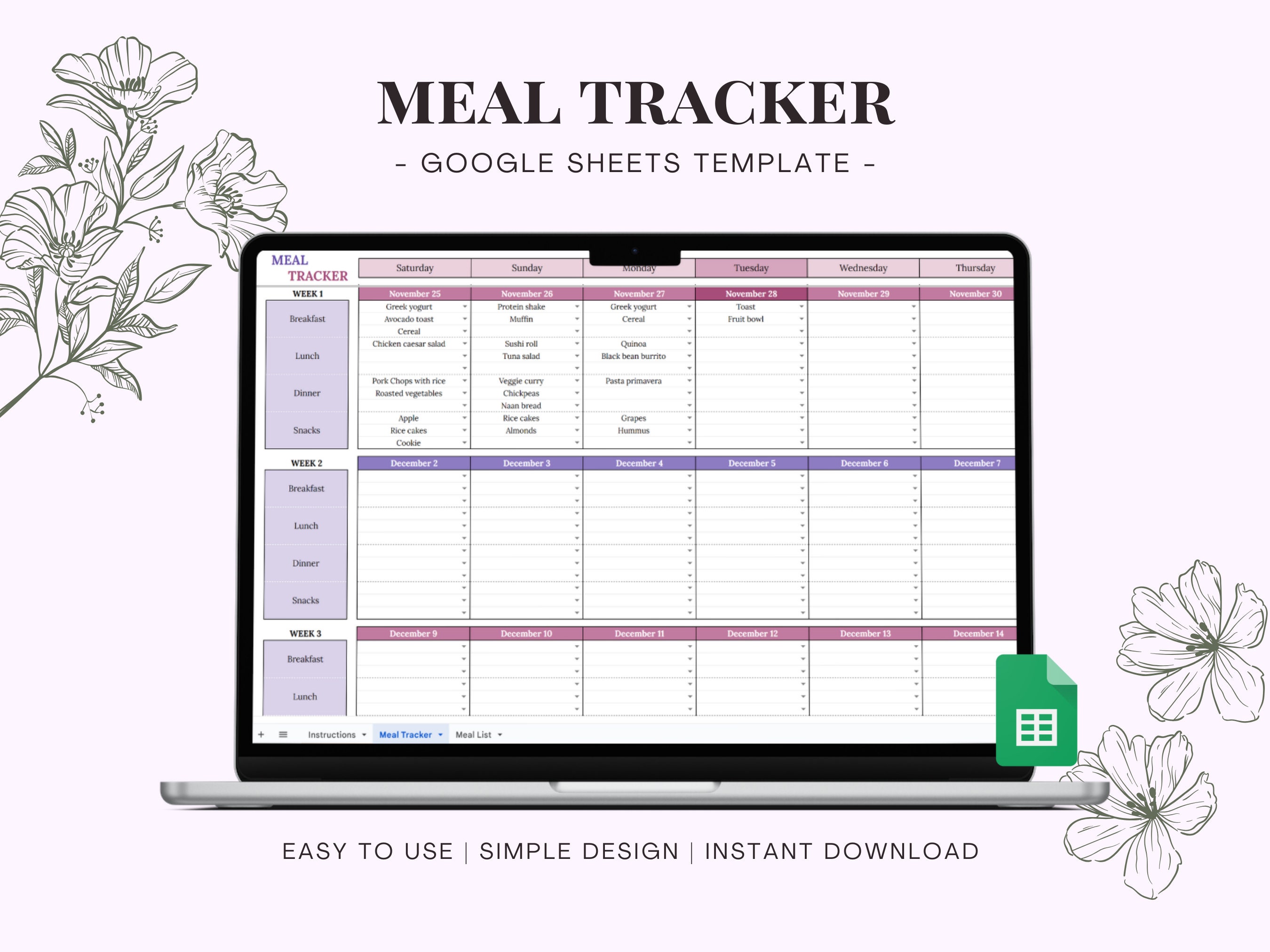 Meal Tracker Spreadsheet Template for Google Sheets, Daily Meal Planner ...