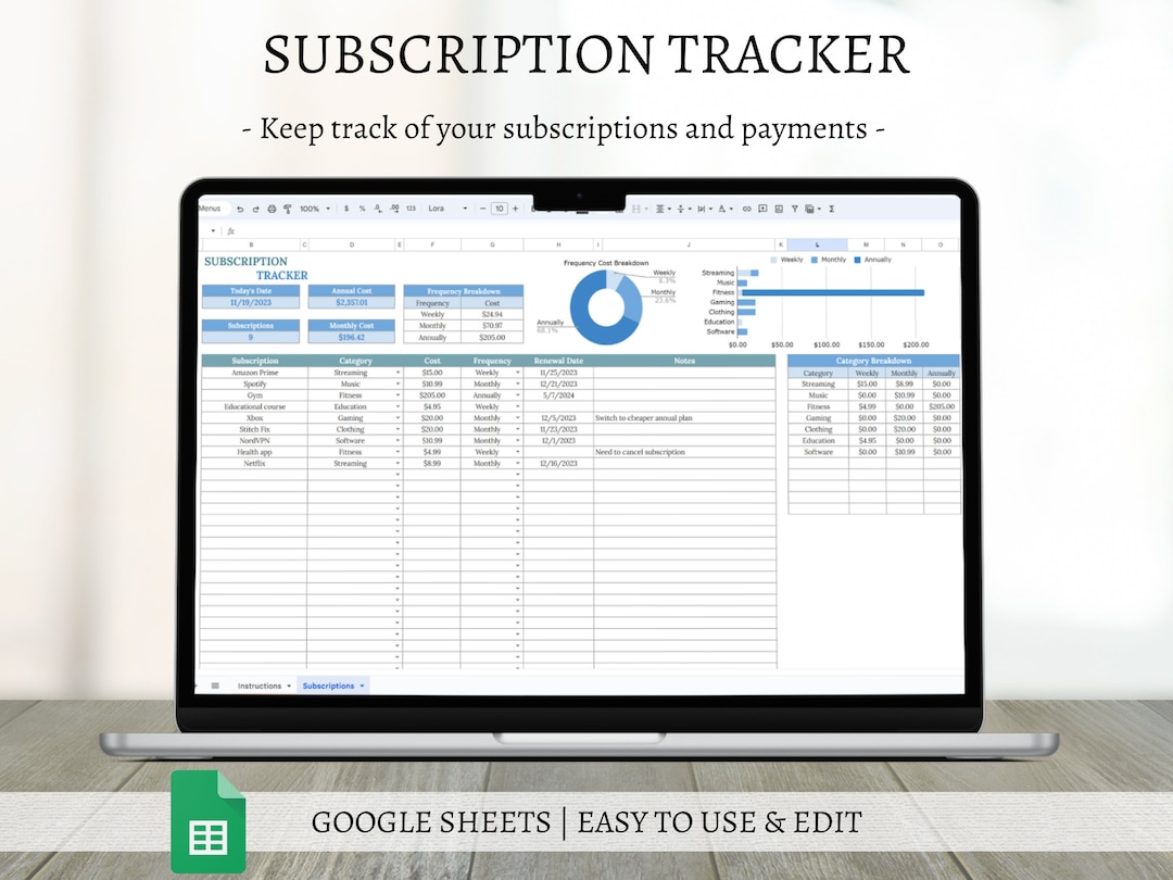 Google Sheets Subscription Tracker, Membership Checklist, Monthly ...