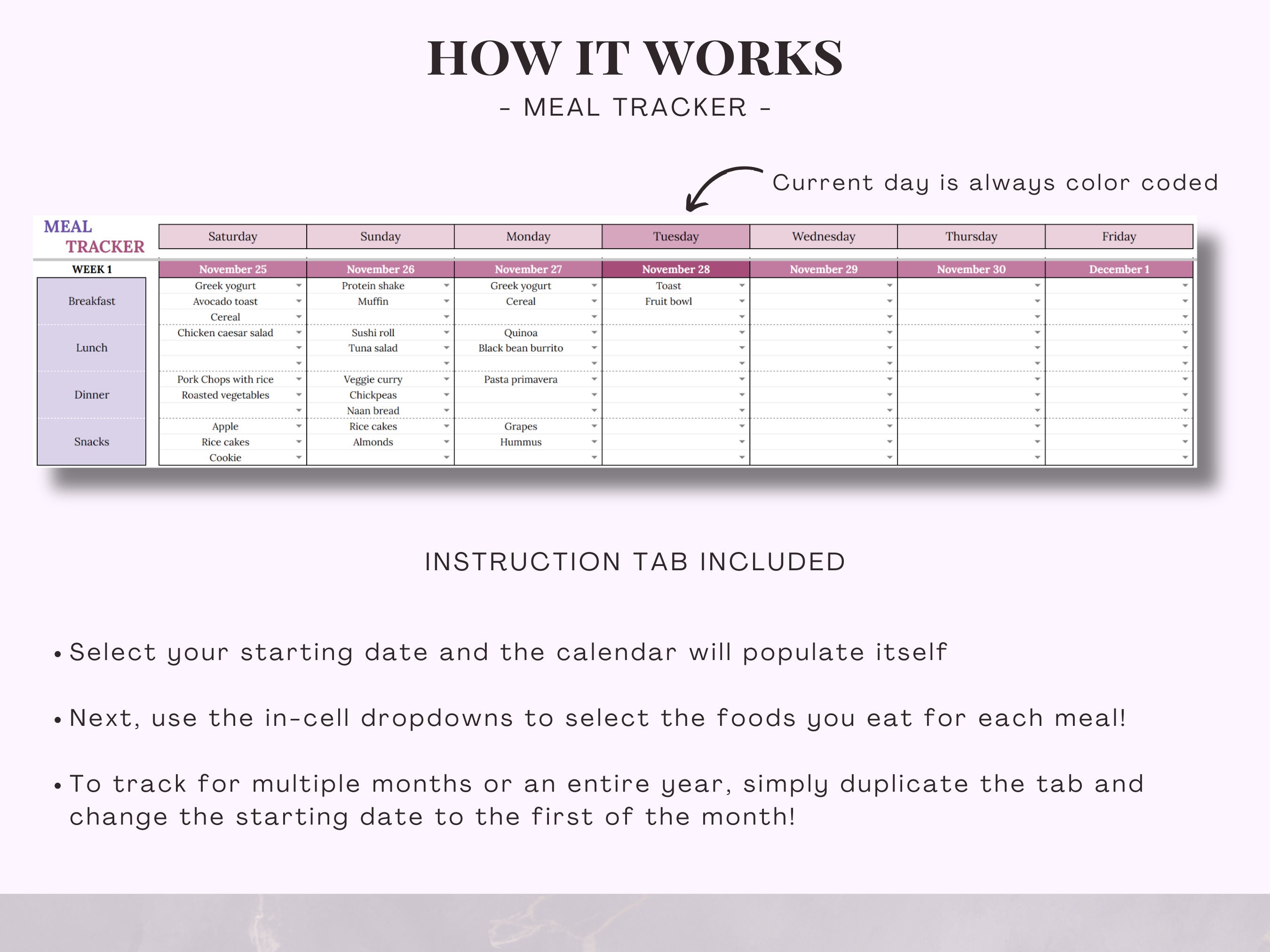 Meal Tracker Spreadsheet Template for Google Sheets, Daily Meal Planner ...