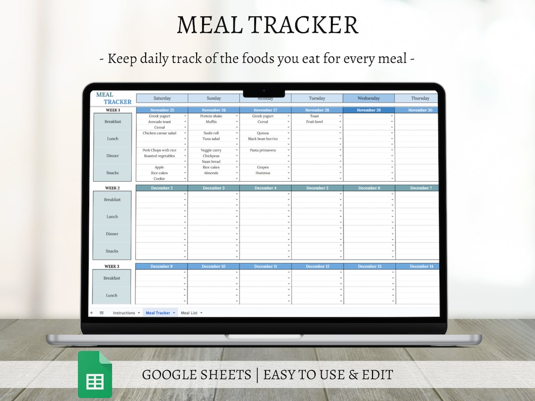 Meal Tracker Calendar Template for Google Sheets, Daily Meal Planning ...