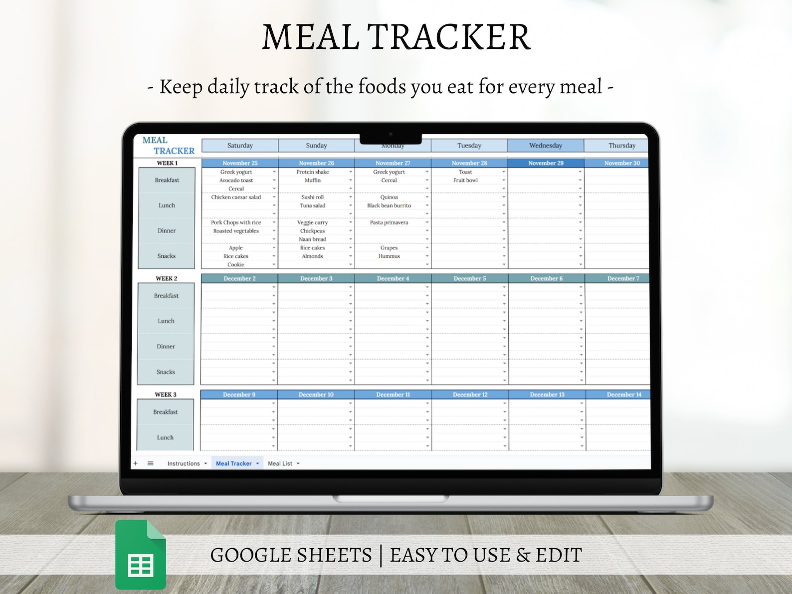 Meal Tracker Calendar Template for Google Sheets, Daily Meal Planning ...
