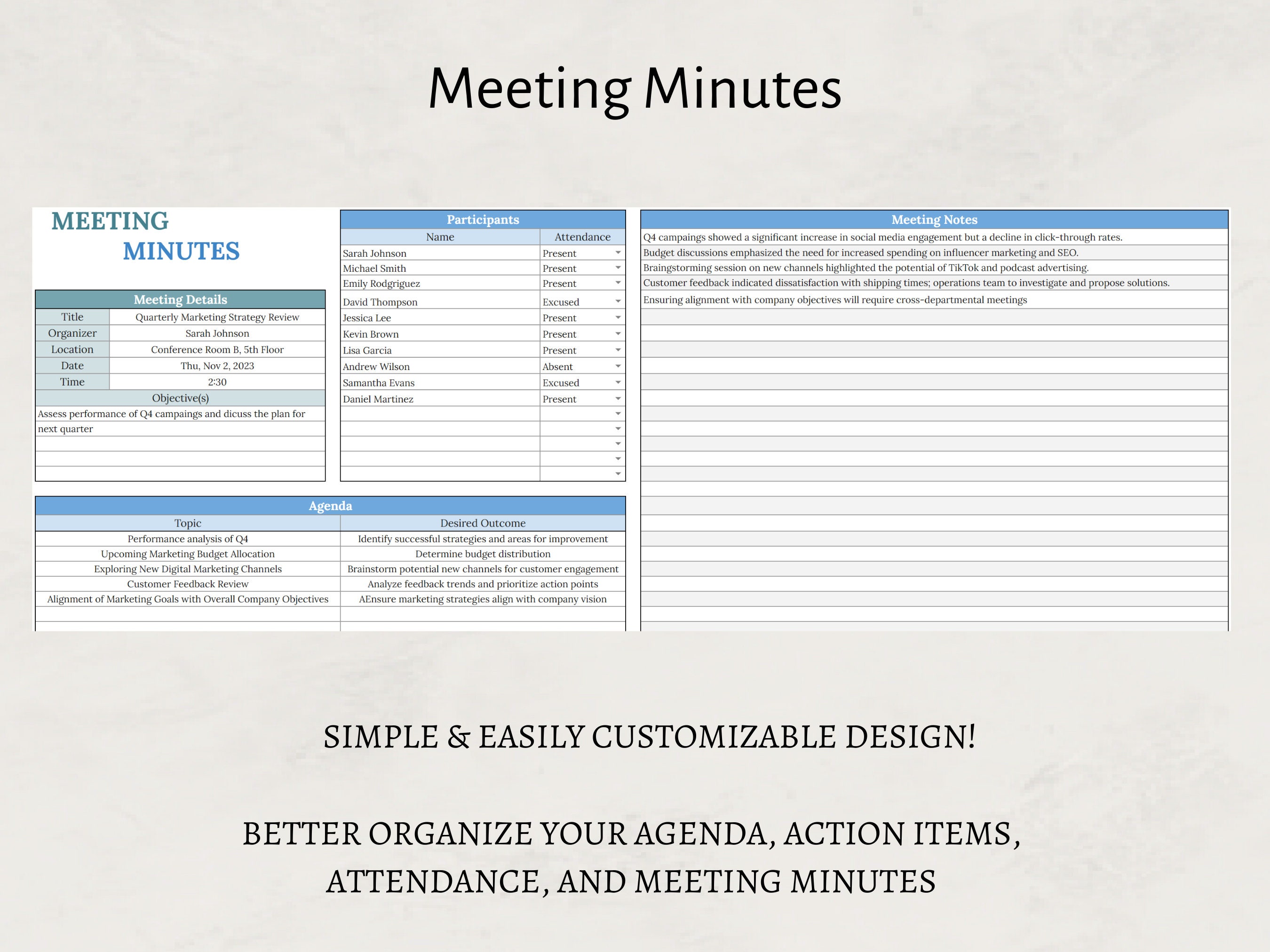 Meeting Agenda & Notes Google Sheets Spreadsheet Template, Meeting ...