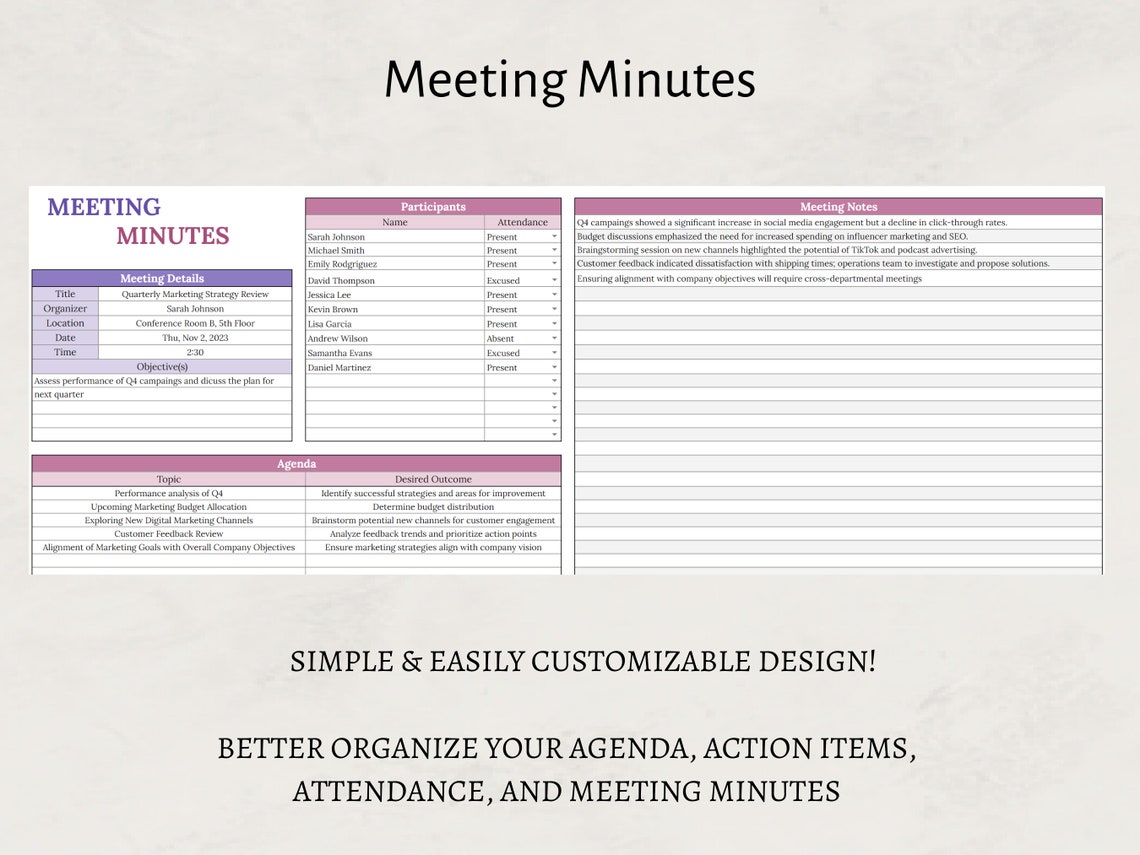 Meeting Notes and Agenda Template for Google Sheets, Meeting Minutes ...
