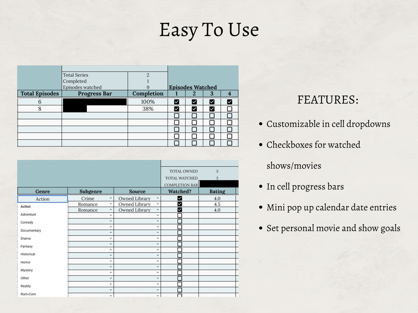 TV Show Tracker Spreadsheet Template for Google Sheets, Movie Series ...