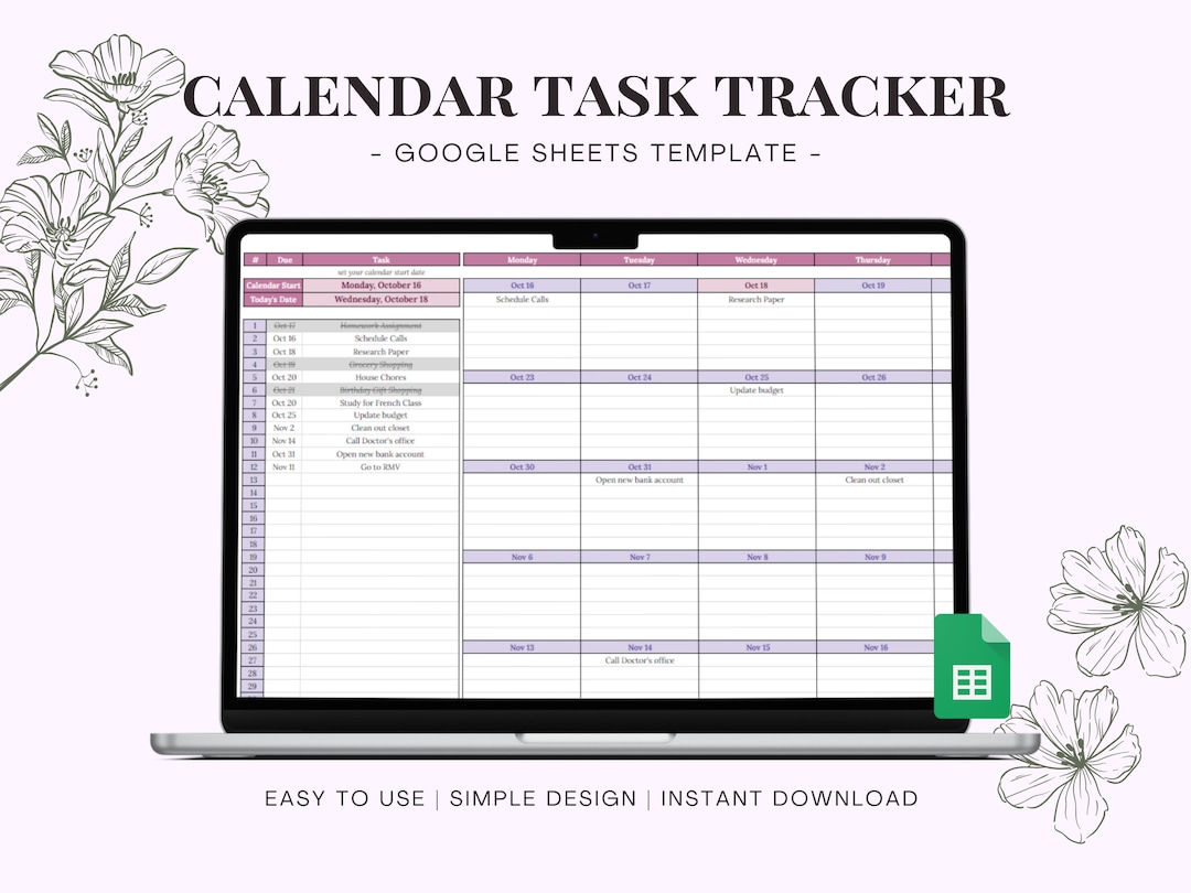 To Do List Task Tracker With Calendar for Google Sheets, Digital ...