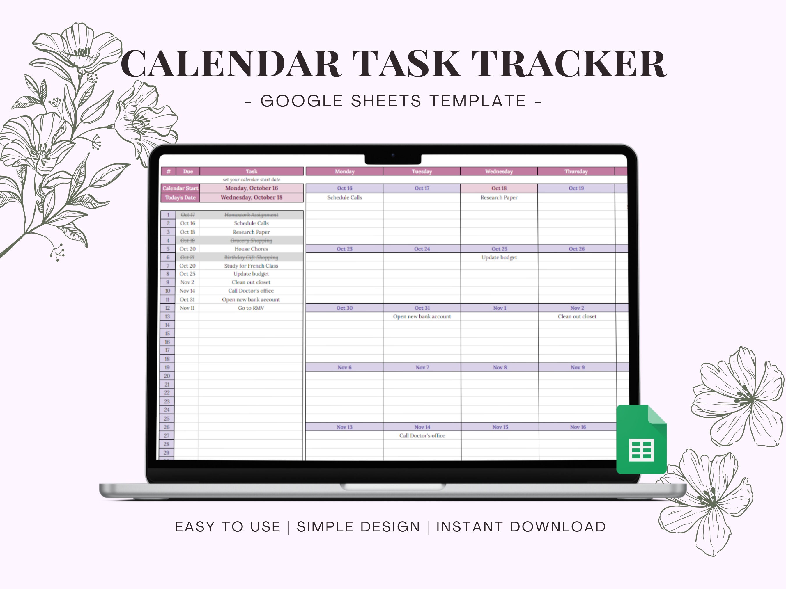 To Do List Task Tracker With Calendar for Google Sheets, Digital ...
