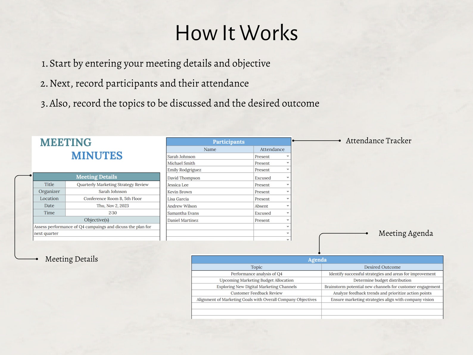 Meeting Agenda & Notes Google Sheets Spreadsheet Template, Meeting ...