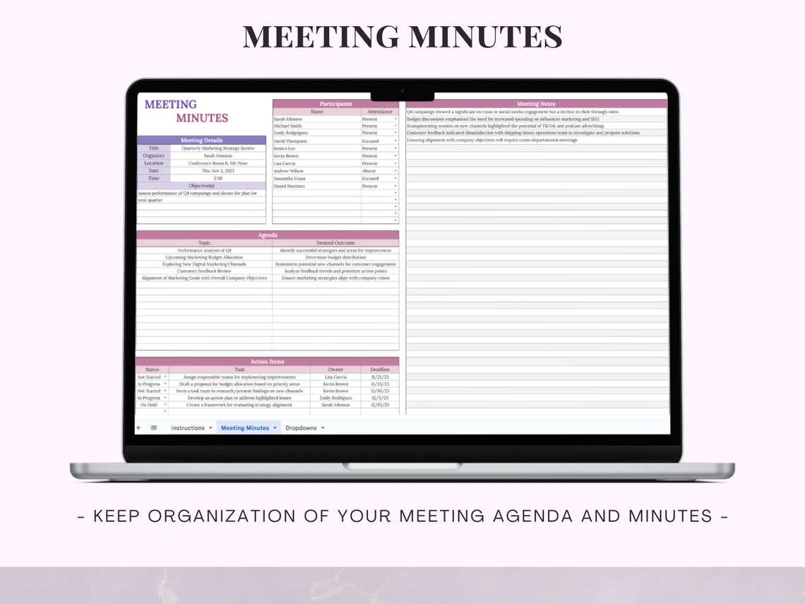 Meeting Minutes Spreadsheet Template for Google Sheets, Work Meeting ...