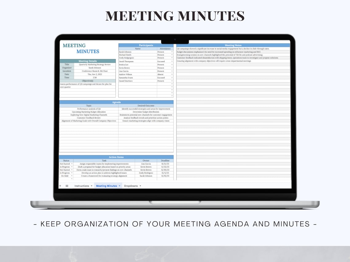 Meeting Minutes Google Sheets Template, Work Notes Tracker, Meeting ...