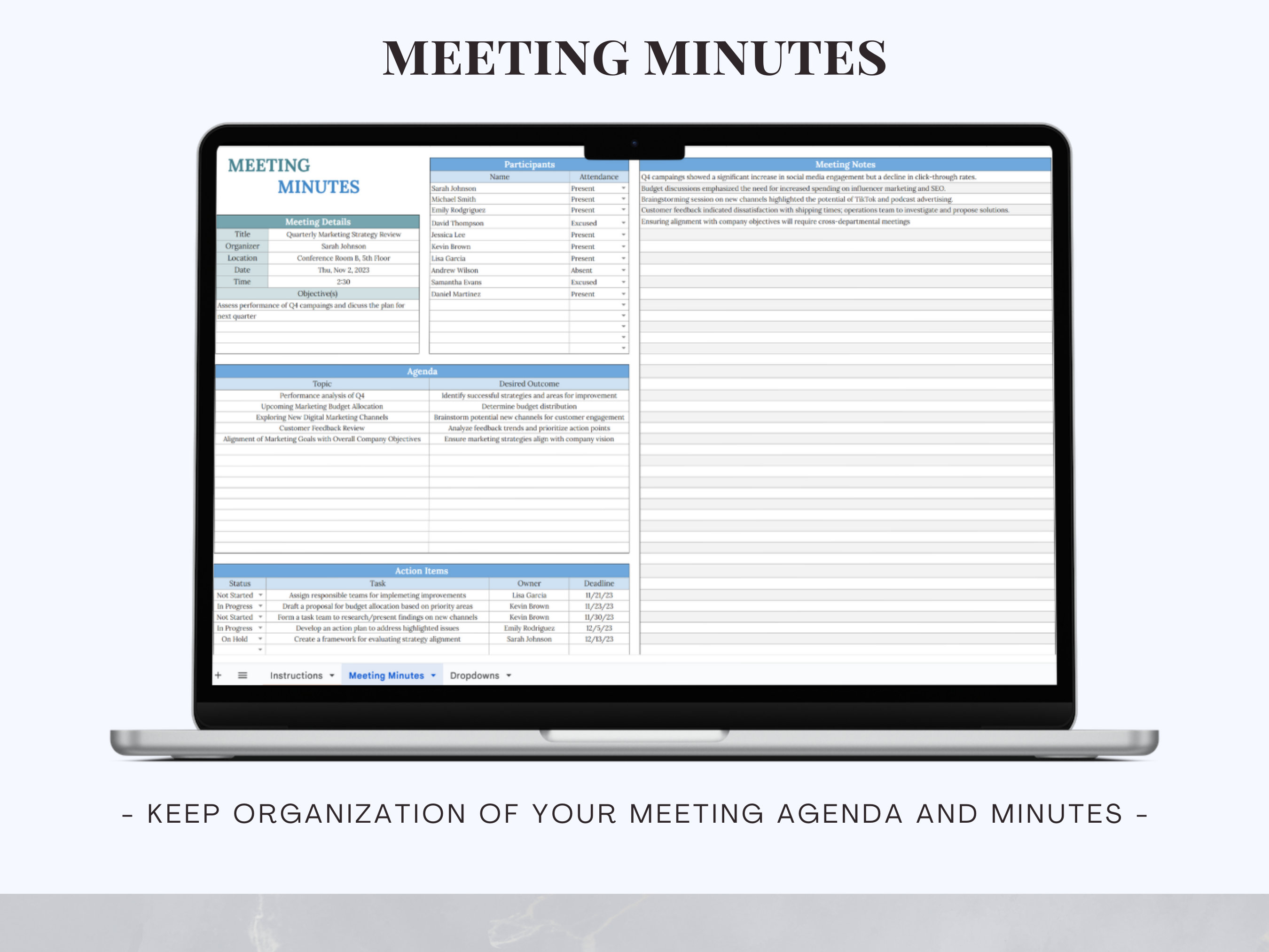 Meeting Minutes Google Sheets Template, Work Notes Tracker, Meeting ...