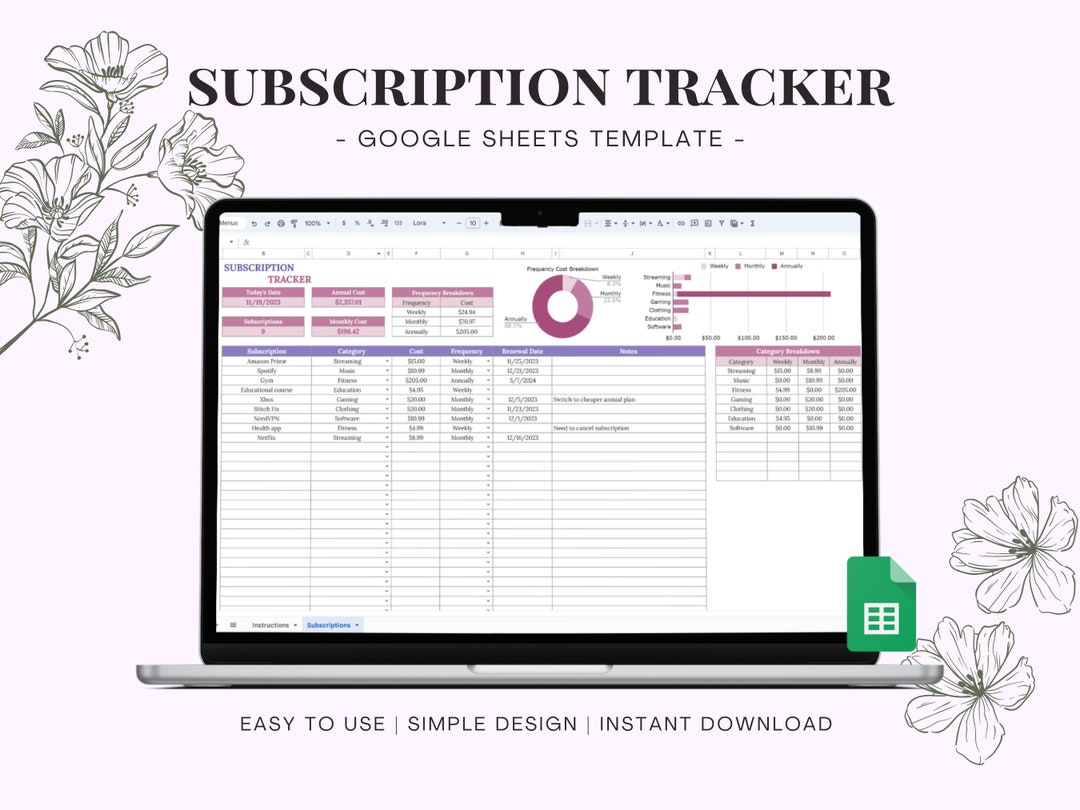 Subscription Tracker Template for Google Sheets, Editable Subscription ...