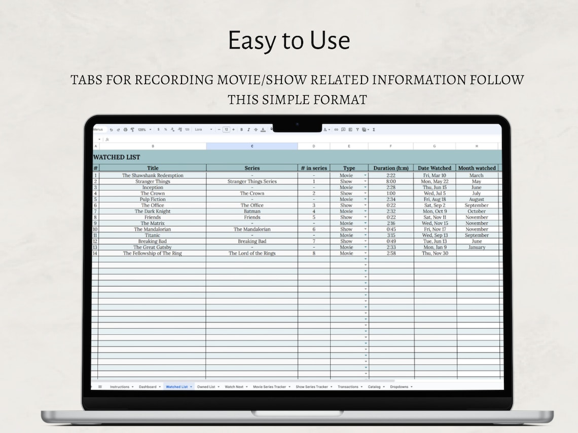 TV Show Tracker Spreadsheet Template for Google Sheets, Movie Series ...