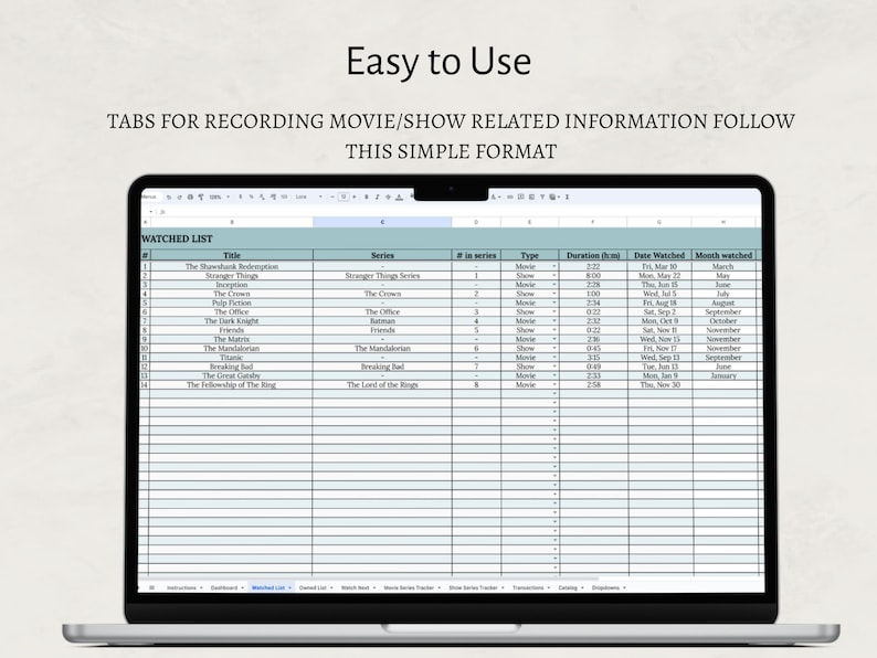 TV Show Tracker Spreadsheet Template for Google Sheets, Movie Series ...