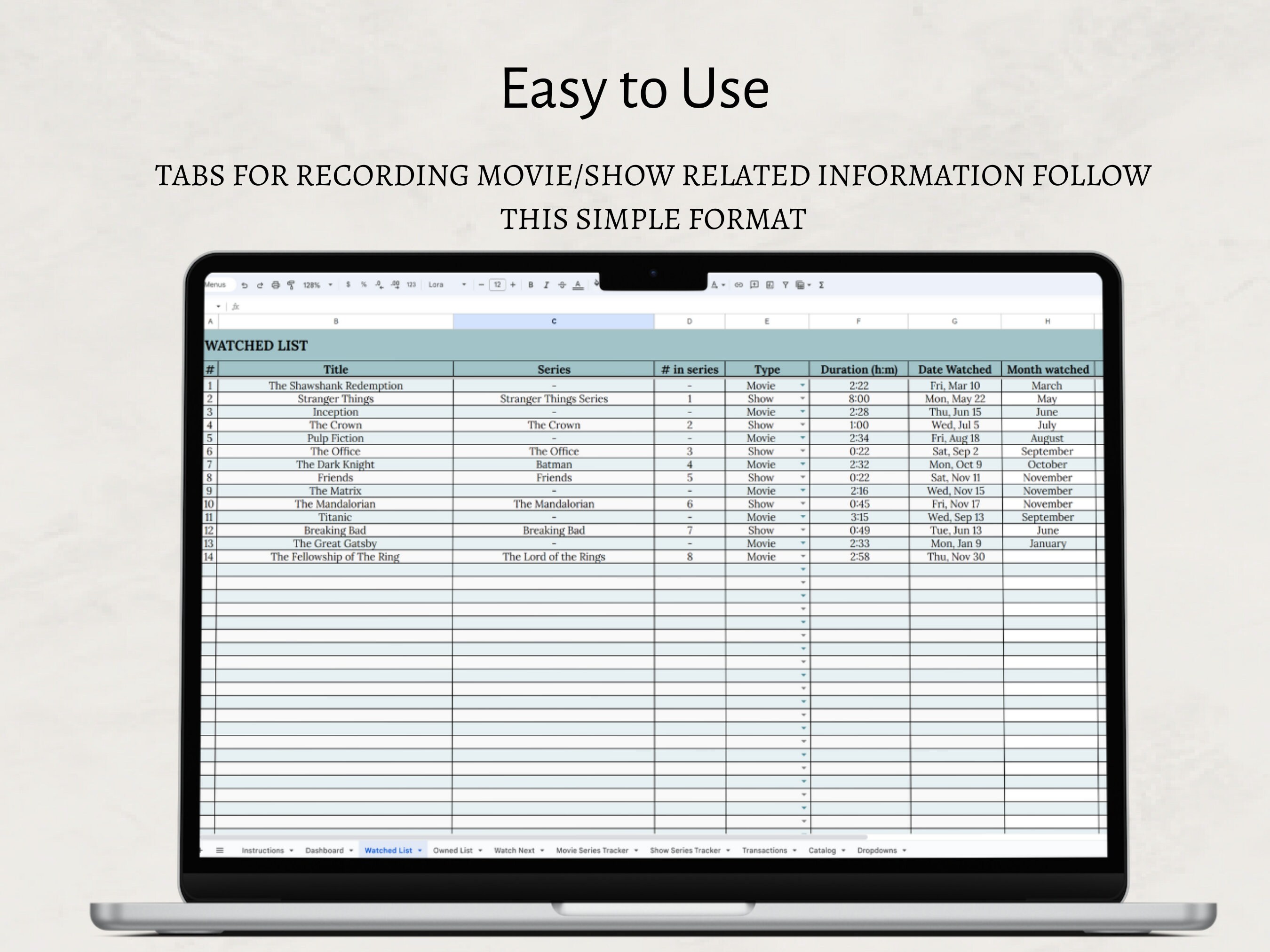 TV Show Tracker Spreadsheet Template for Google Sheets, Movie Series ...