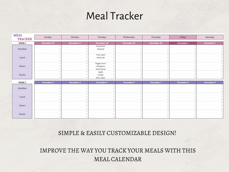 Meal Planning and Tracking Google Sheets Spreadsheet Template, Daily ...