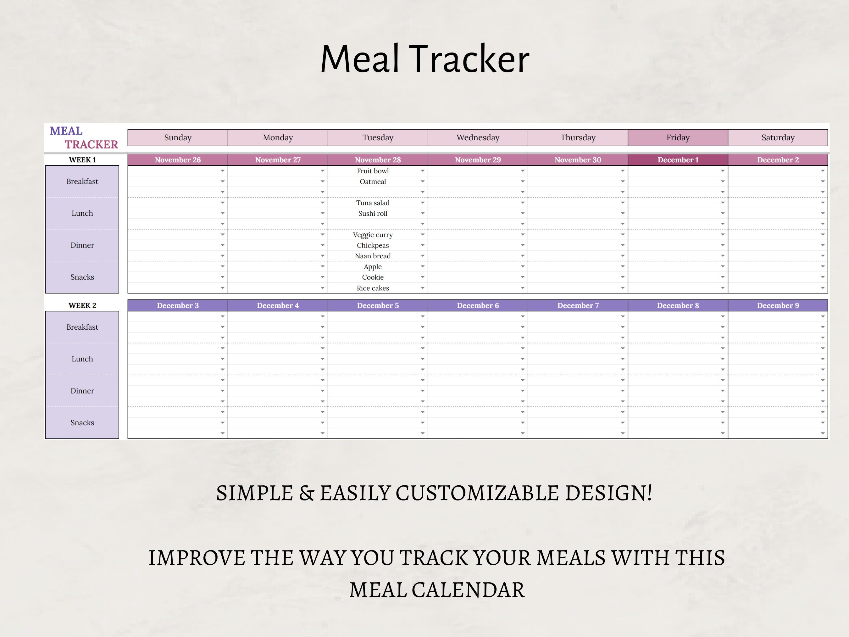 Meal Planning and Tracking Google Sheets Spreadsheet Template, Daily ...