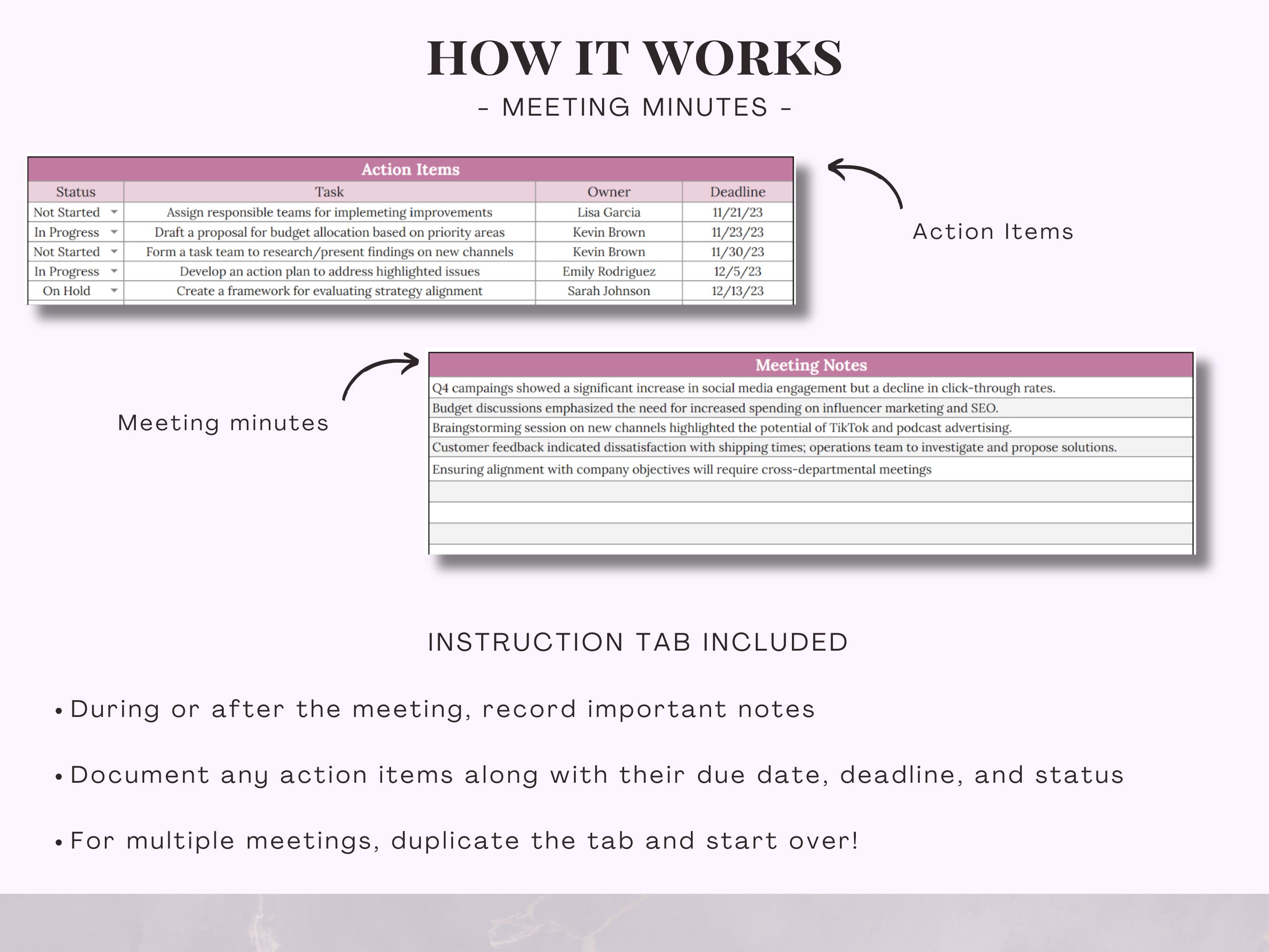 Meeting Minutes Spreadsheet Template for Google Sheets, Work Meeting ...