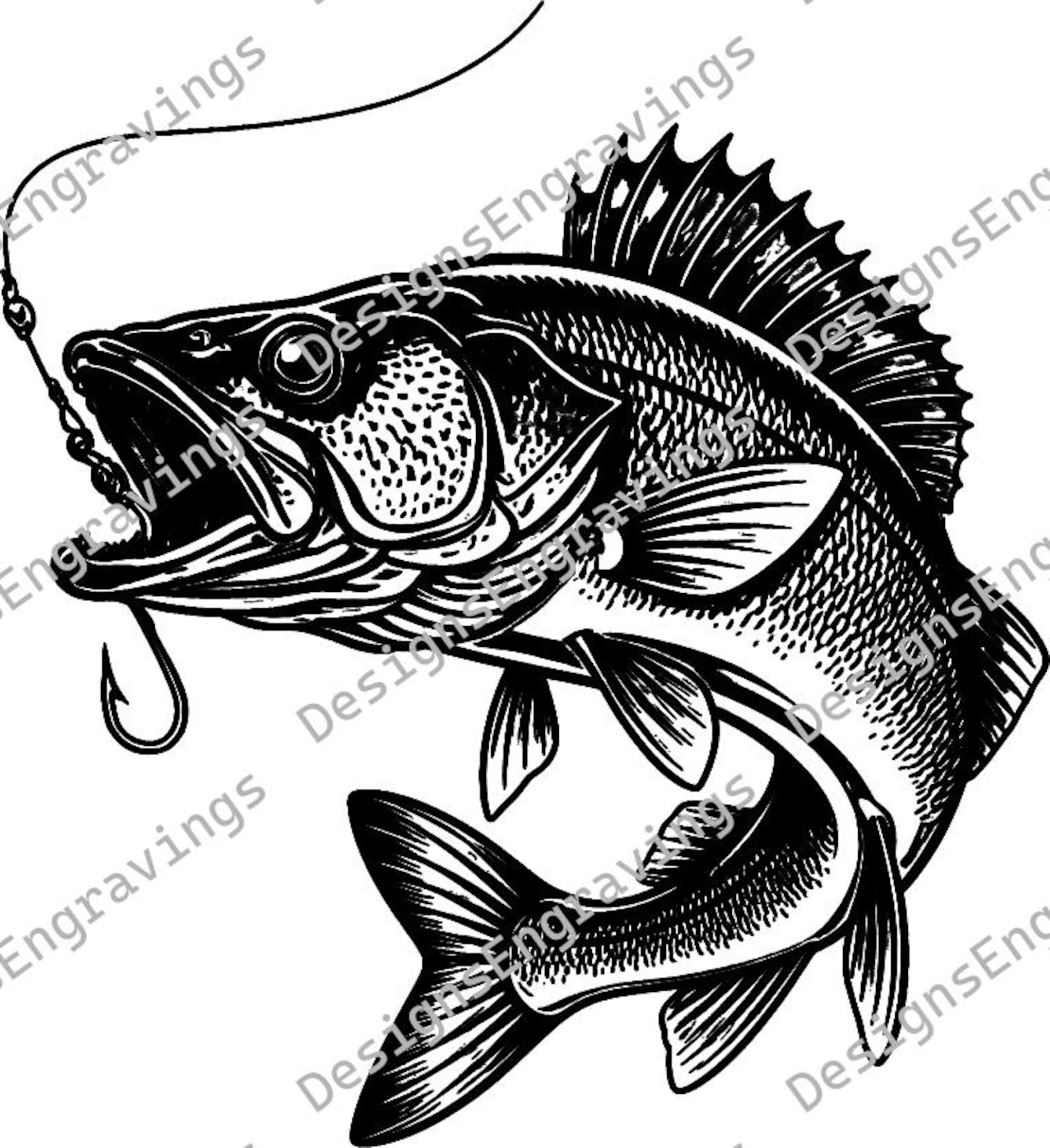 Fish SVG, Walleye Fishing Vector Svg. Fish With Hook Engraving. Fish ...