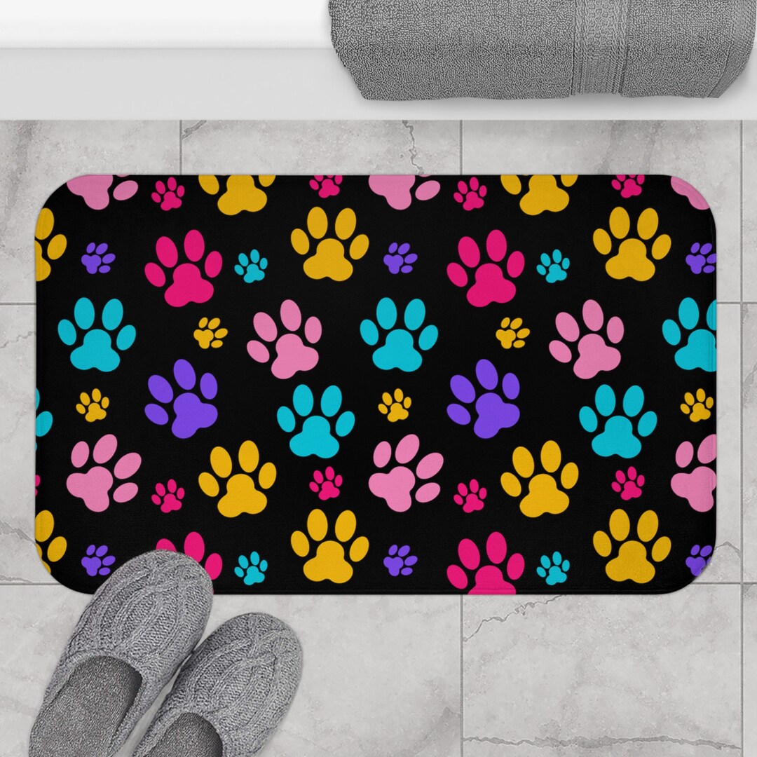 Black Puppy Paw Print Bath Mat - Soft and Absorbent Bathroom Rug for ...