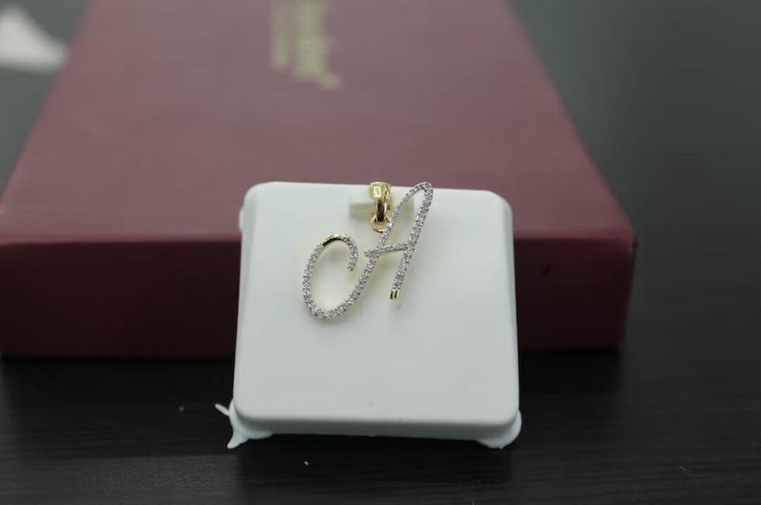 10K Gold With Natural Diamonds Cursive Minimalist Initial A Pendant - Etsy