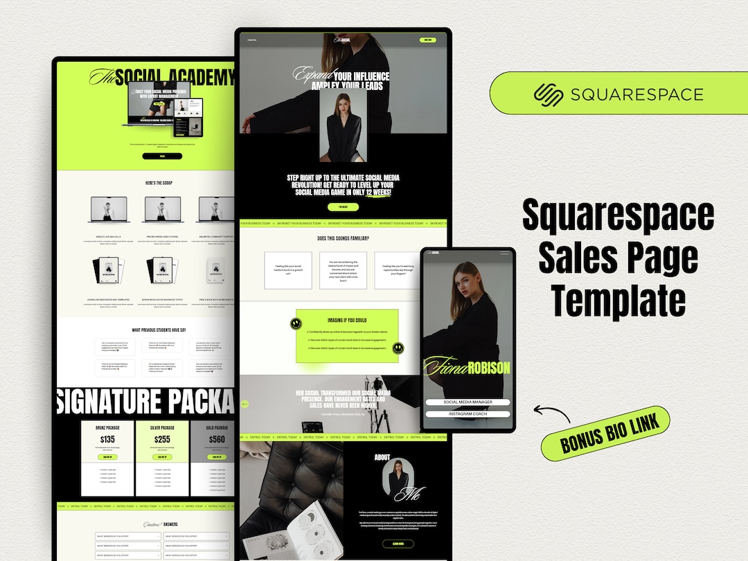 Neon Squarespace Sales Page Template for Social Media Coach, Sales ...