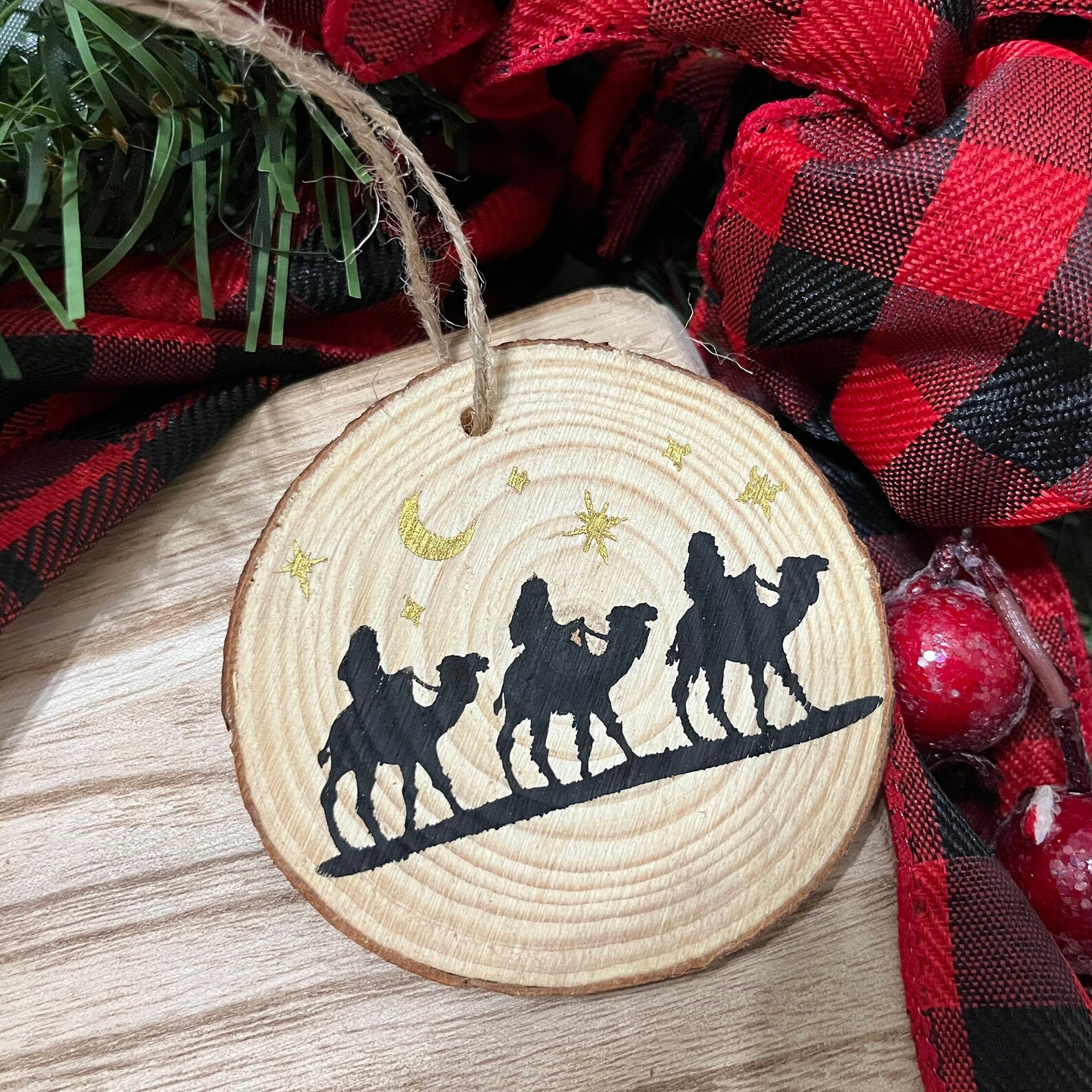 Nativity Ornament Set, Away in A Manager, Wood Slice Christmas Ornament ...