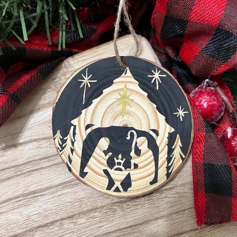 Nativity Ornament Set, Away in A Manager, Wood Slice Christmas Ornament ...