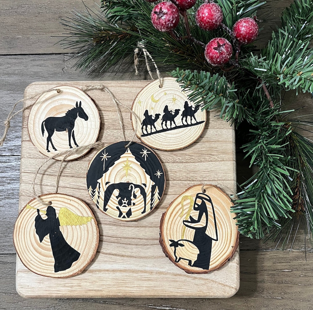 Nativity Ornament Set, Away in A Manager, Wood Slice Christmas Ornament ...