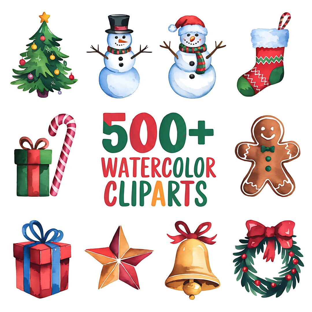 500+ Christmas Watercolor Clipart Bundle - Festive Holiday PNG, Santa ...