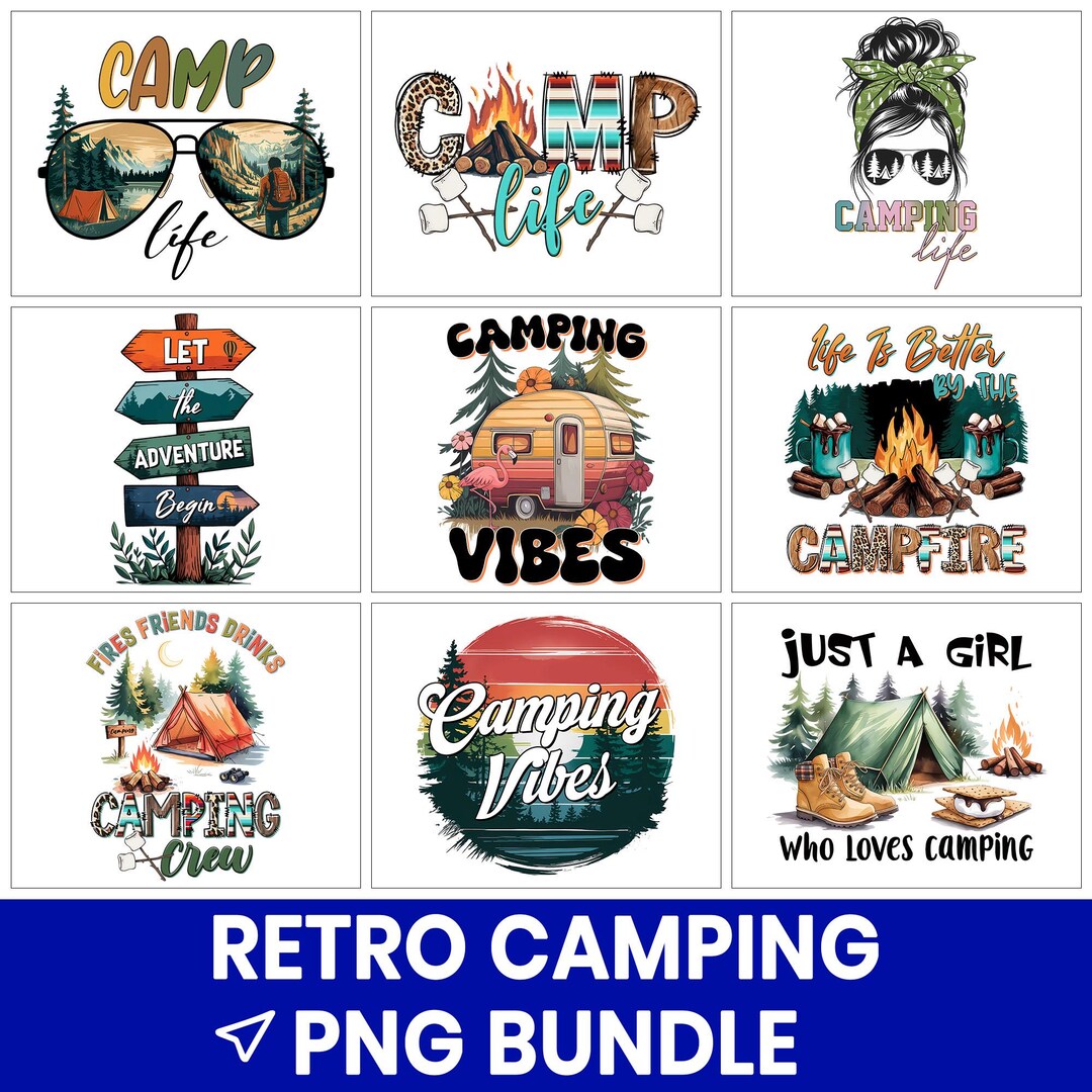 Retro Camping PNG Bundle, Vintage Camper Clipart, Outdoor Adventure PNG ...