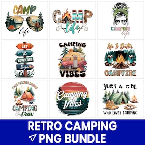 Retro Camping PNG Bundle, Vintage Camper Clipart, Outdoor Adventure PNG ...