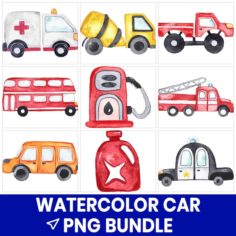 Watercolor Car PNG Bundle, Vintage Vehicle Clipart, Retro Car Graphics ...