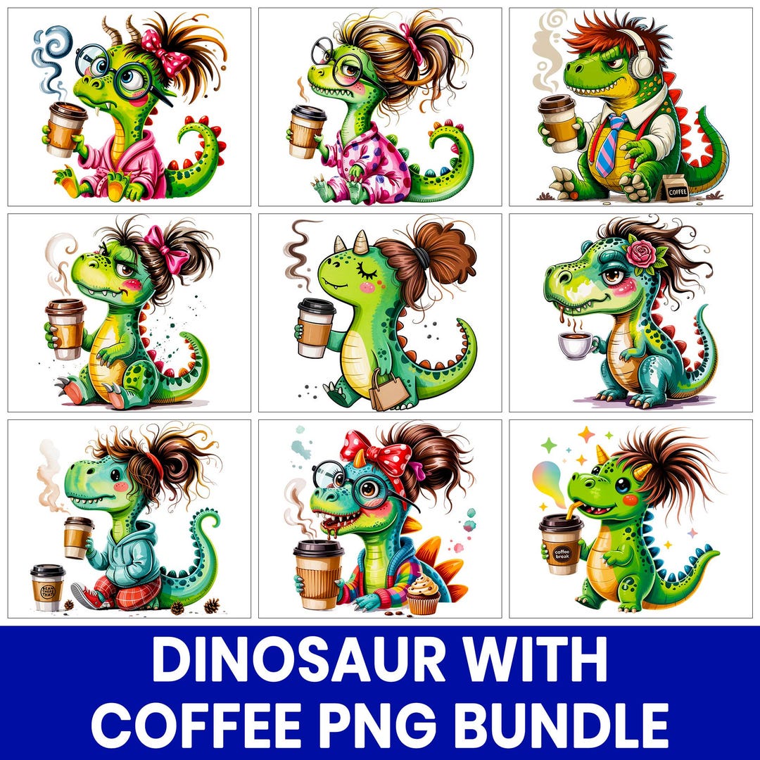 Cute Dino Coffee PNG Clipart Bundle, Sublimation Designs (digital ...