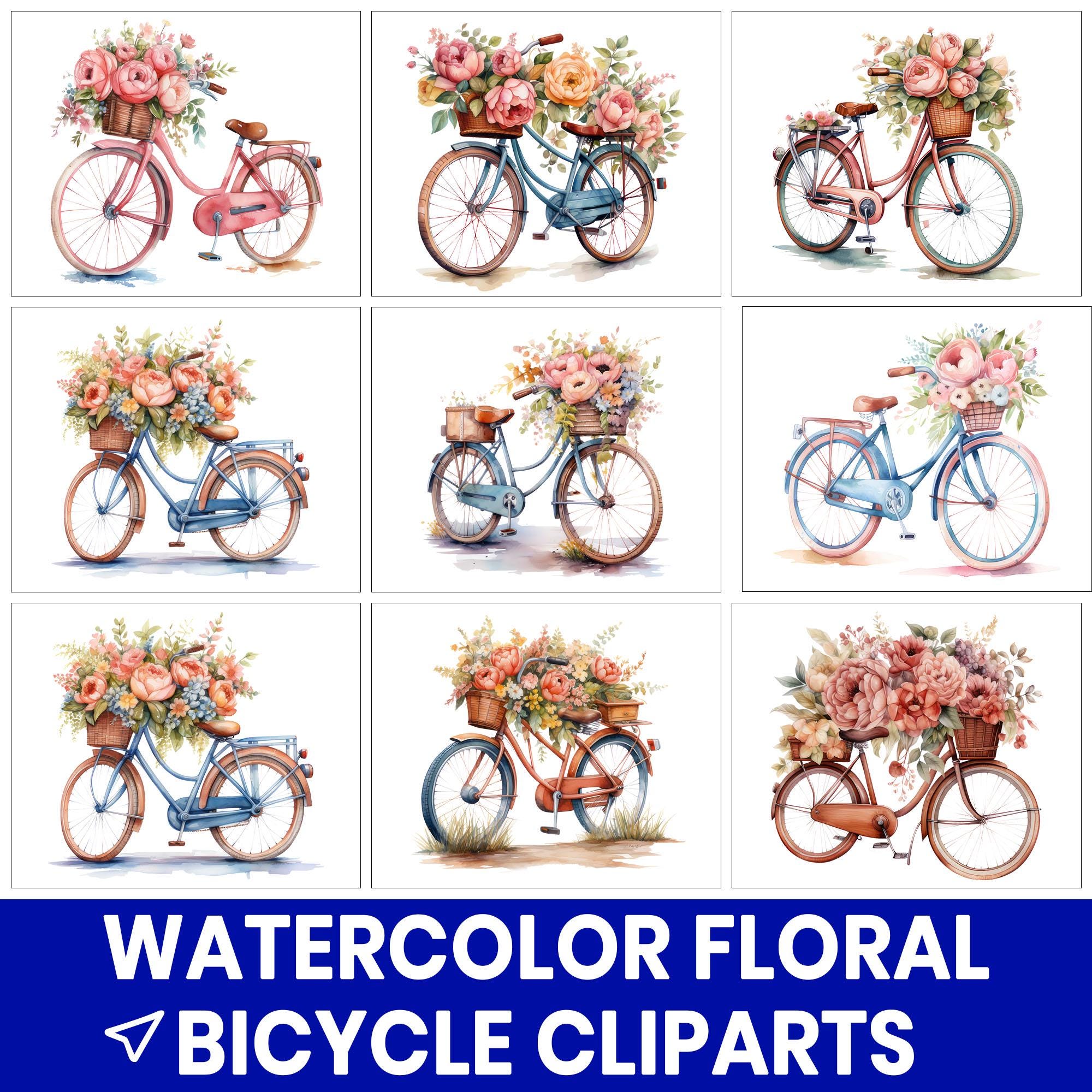 Watercolor Floral Bicycle Clipart Bundle, Vintage Bike PNG (digital ...