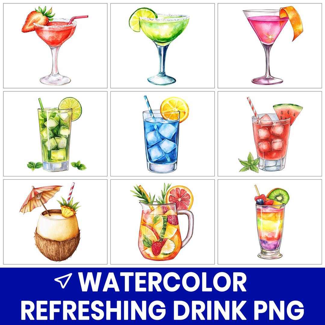 Watercolor Drink PNG Bundle, Refreshing Beverage Clipart, Summer Juice ...