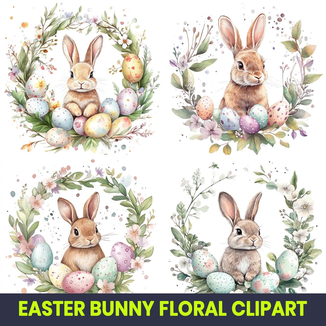 Watercolor Easter Bunny Clipart, Floral Wreath PNG (digital Download ...