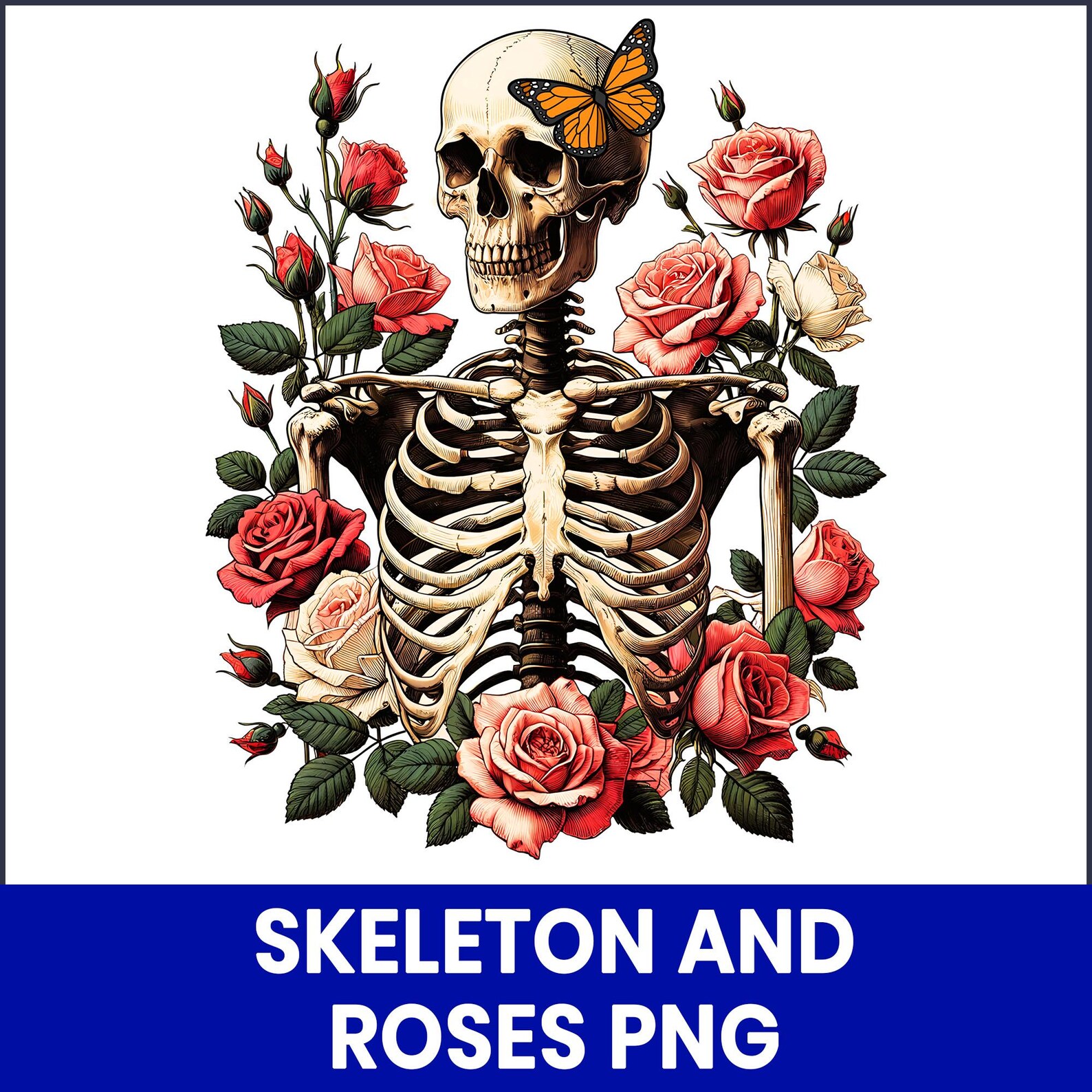Skeleton Roses PNG, Gothic Tattoo Art, Dark Floral Clipart (digital ...