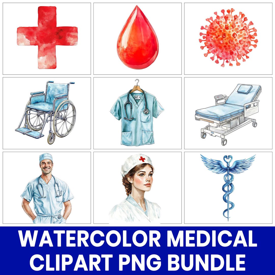 Watercolor Medical Clipart PNG Bundle, Healthcare Nurse Doctor ...
