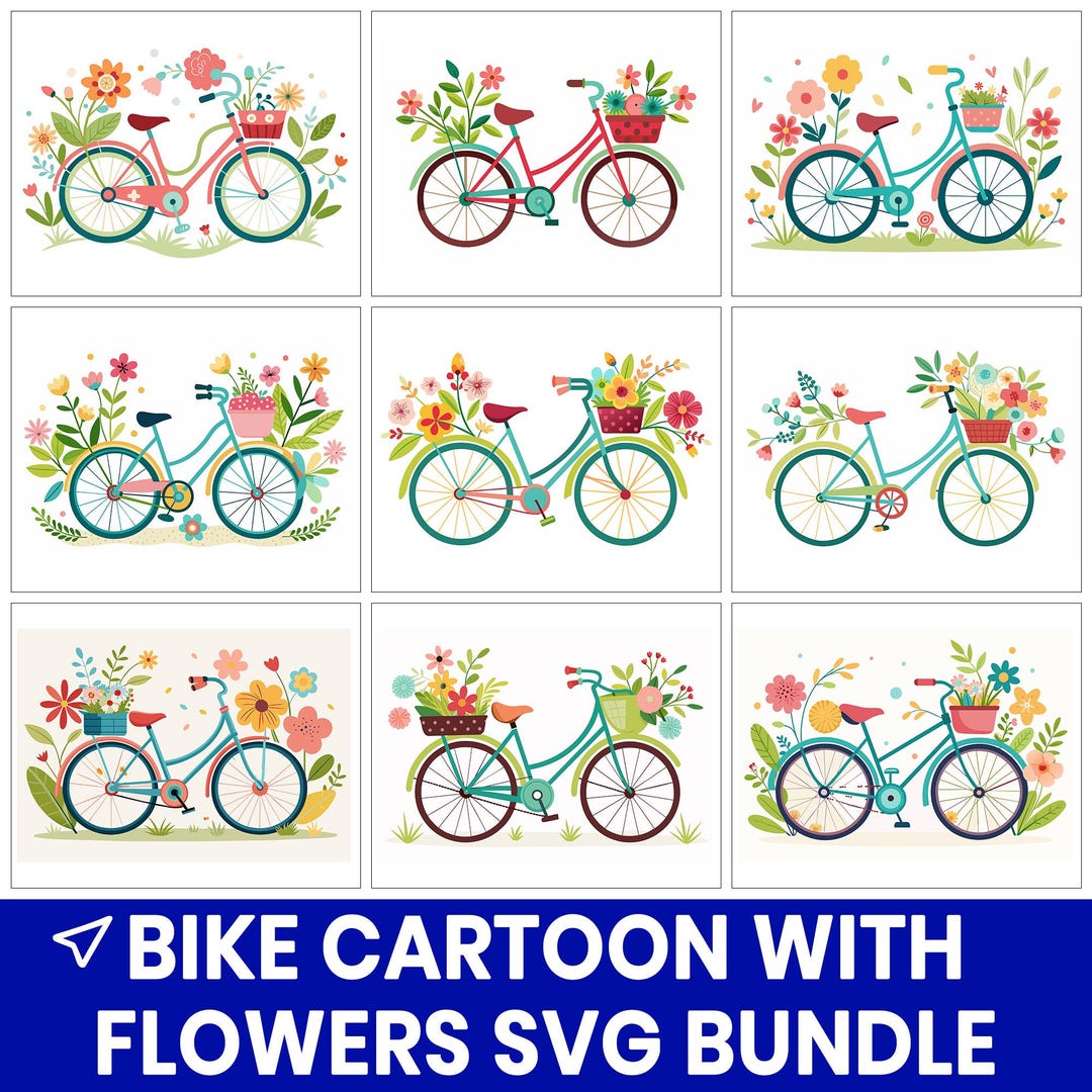 Bike Cartoon With Flowers SVG Bundle, Floral Bicycle SVG, Cute Bike ...