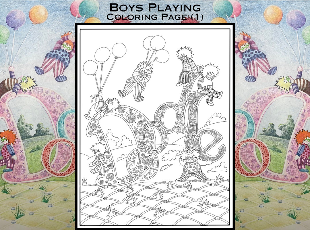 Boys Playing Coloring Page (1) Hand Drawn With Balloons in a Springtime ...
