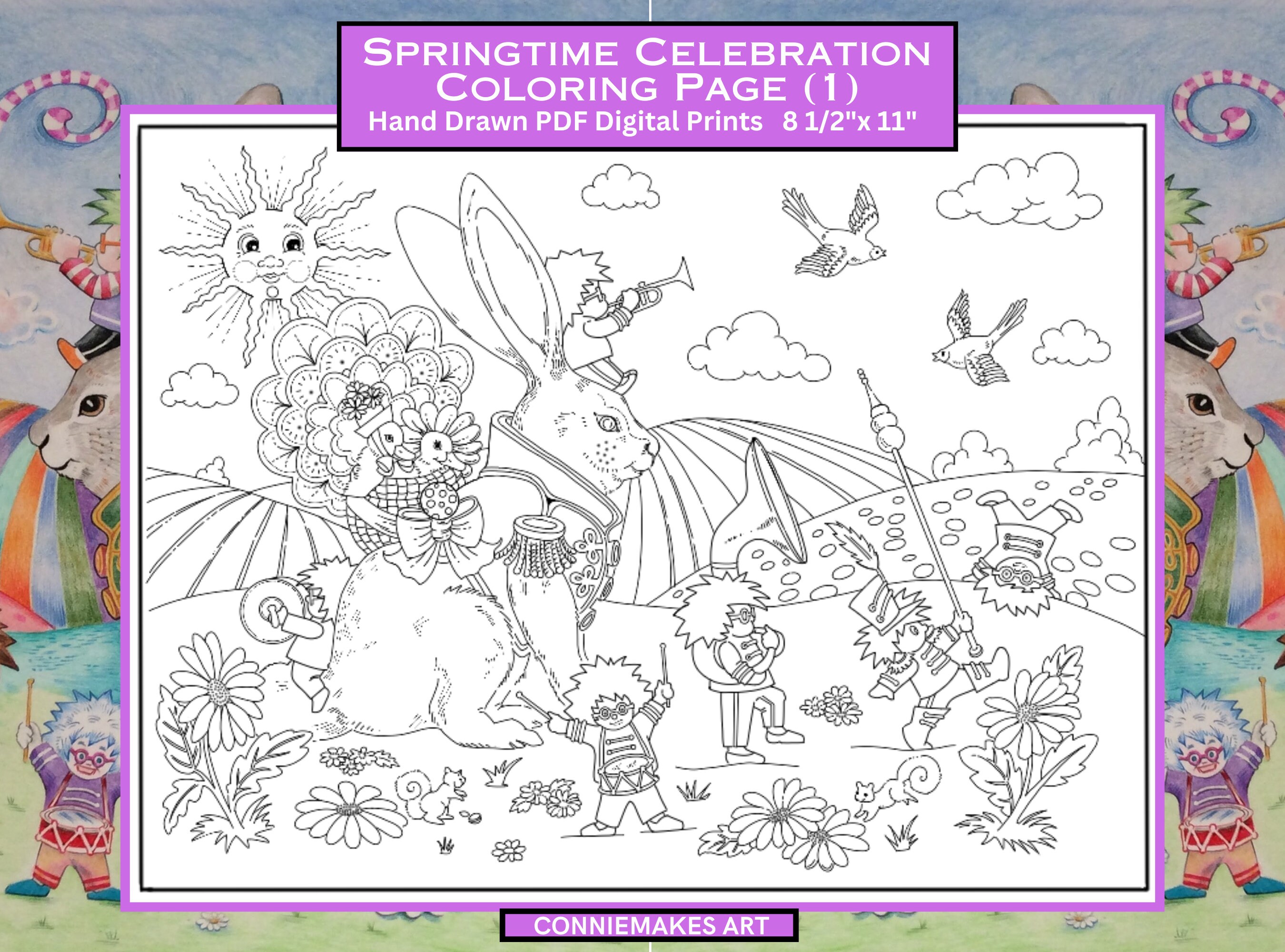 Springtime Celebration Coloring Page (1) With Grand Rabbit, Music Band ...
